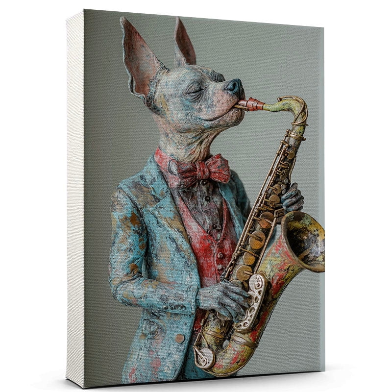 American Hairless Terrier Dog Saxophone Stretched Canvas Size 8x12 ...