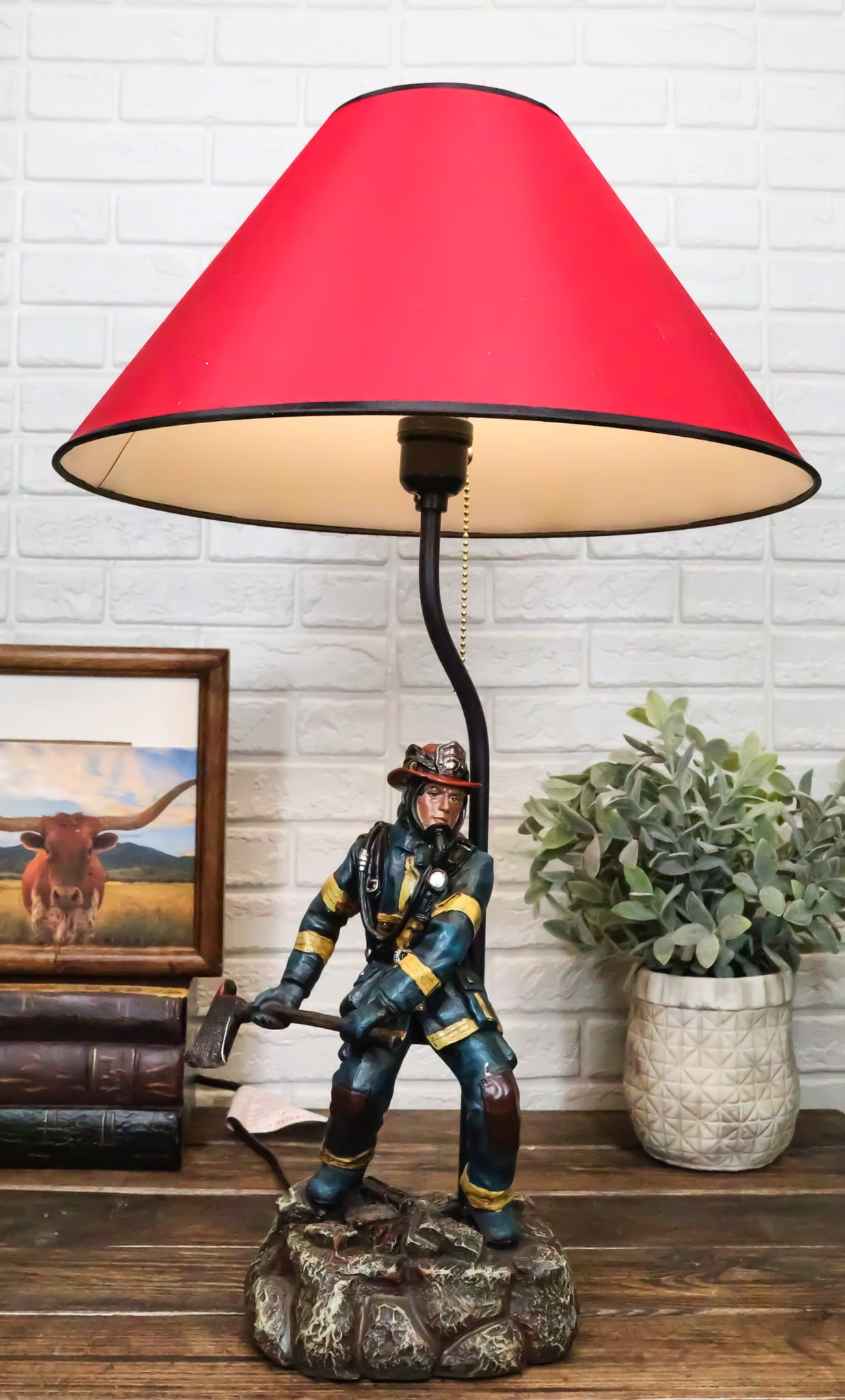 American Hero Fire Fighter Fireman Wielding Axe Table Lamp With Red ...