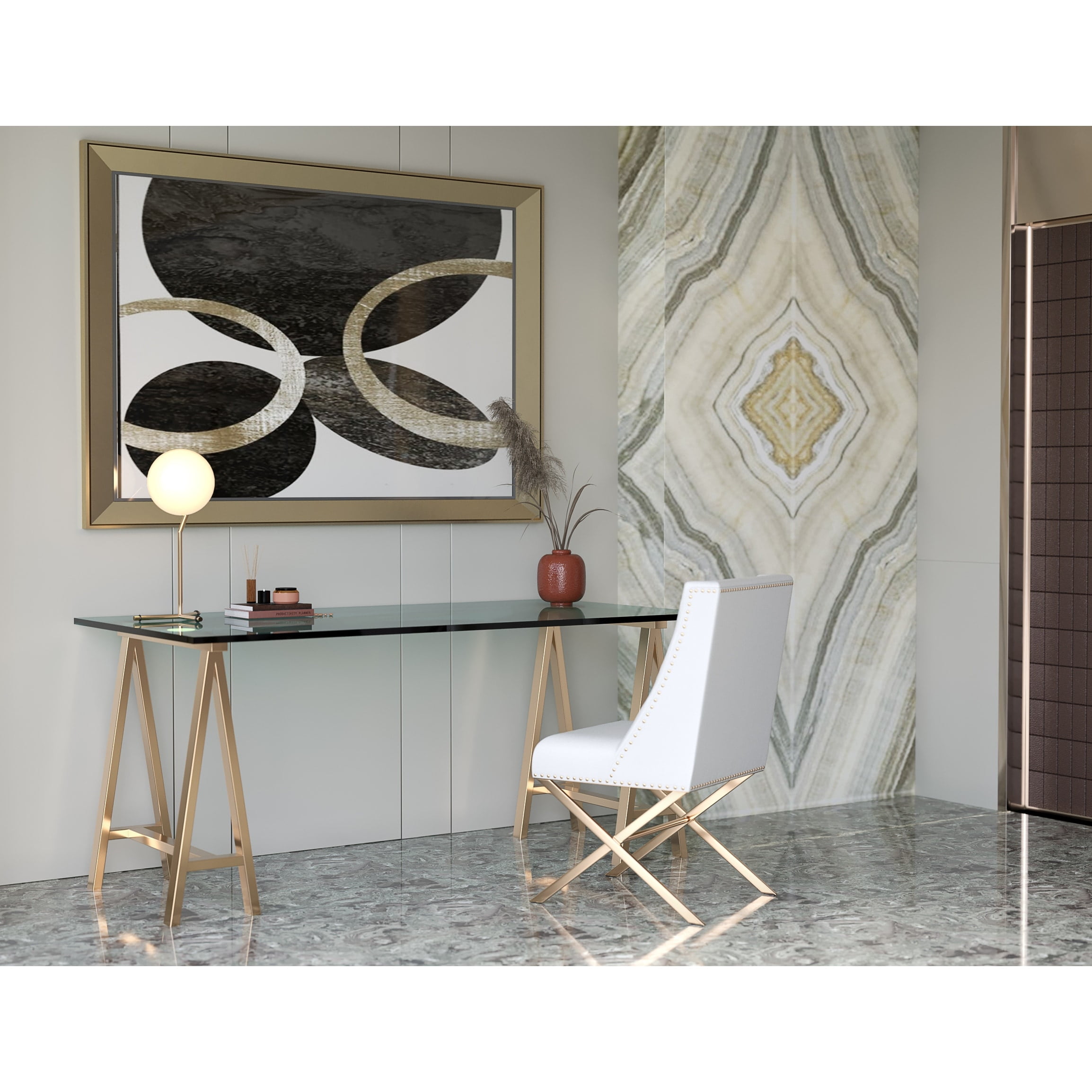 Brady Elegant Glass Writing Top Desk with Brass Sawhorse Legs, 55x30 ...