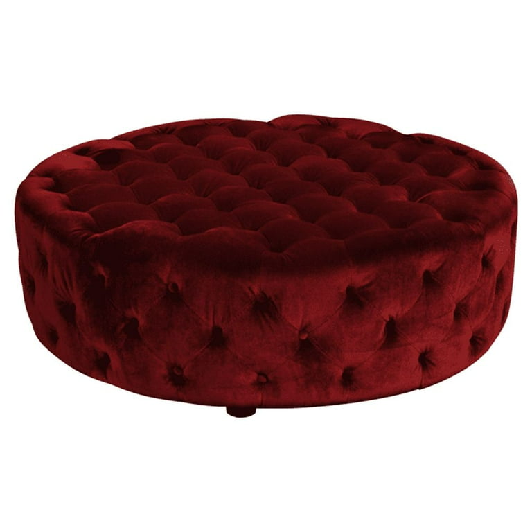 90210 Furniture Jasper Round Ottoman in Burgundy Velvet