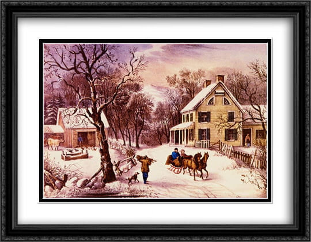 American Homestead Winter 2x Matted 36x28 Large Black Ornate Framed Art ...
