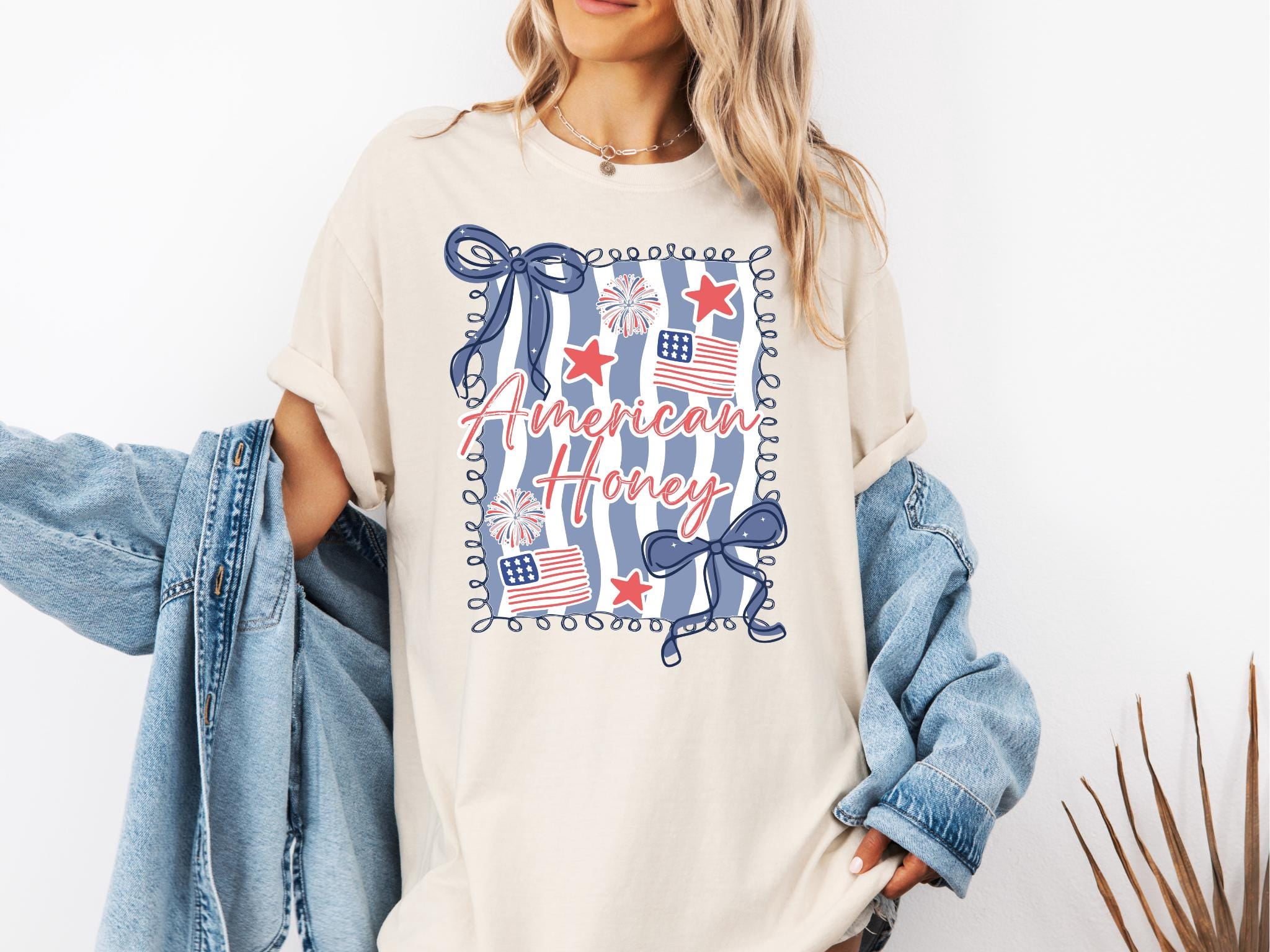American Honey Flag Bows Coquette T-Shirt,4th of July Patriotic T-Shirt ...