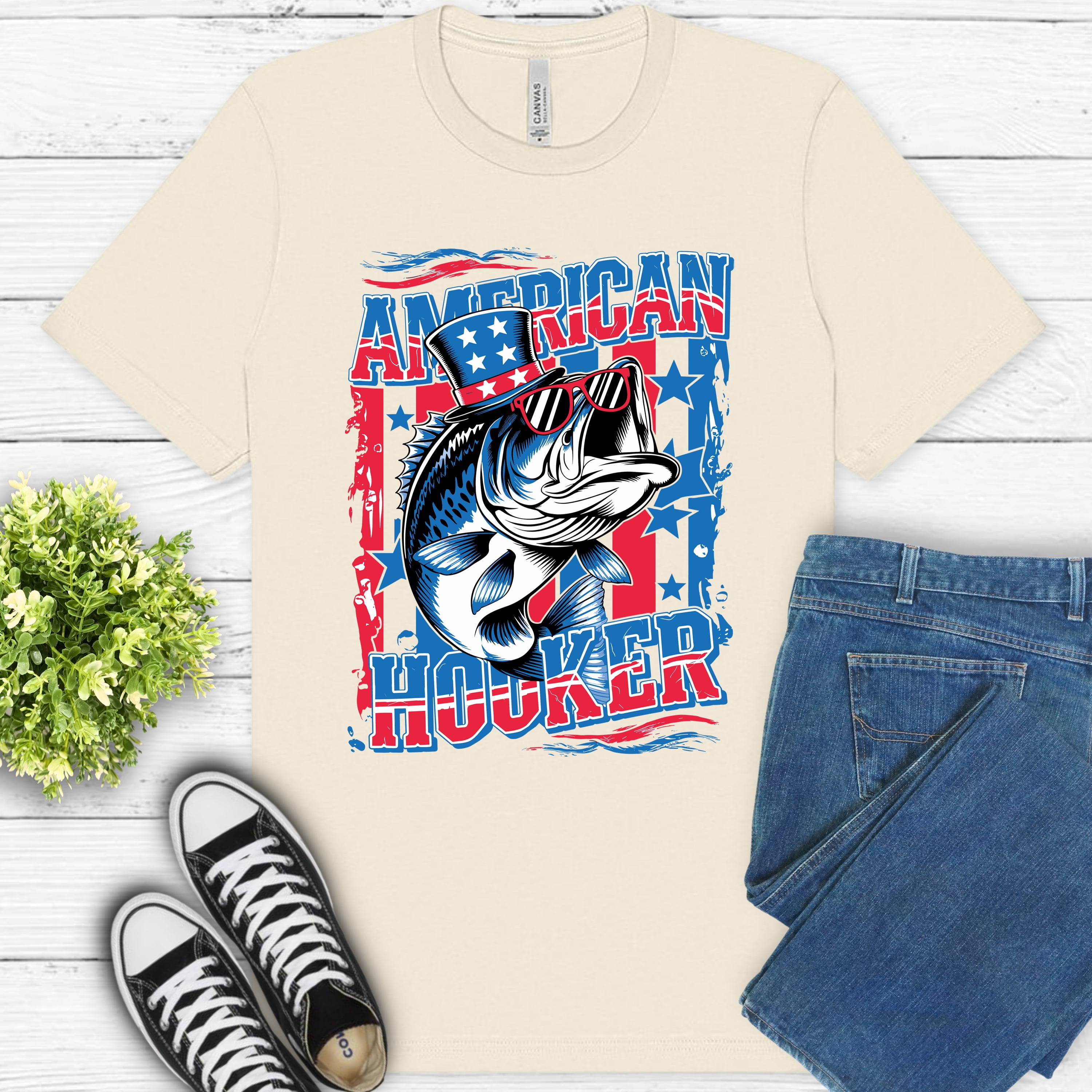 American Hooker T-Shirt Patriotic Fishing Bass Fish USA Flag Tee for ...