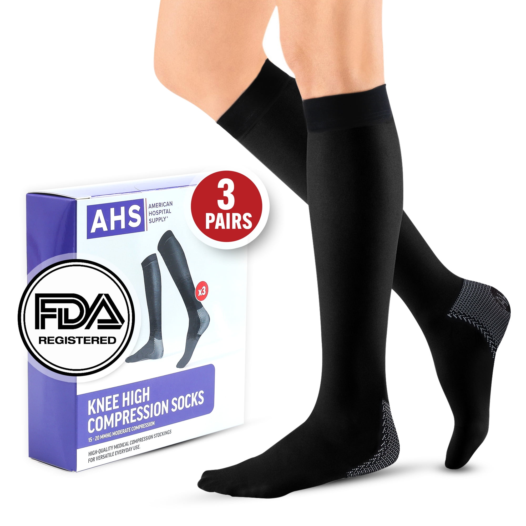 American Hospital Supply Knee High Compression Socks, 15-20 mmHg, Black ...