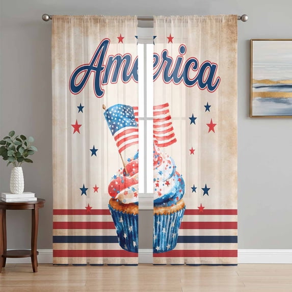 American Ice Cream Sheer Curtains for Living Room Bedroom USA Flag ...