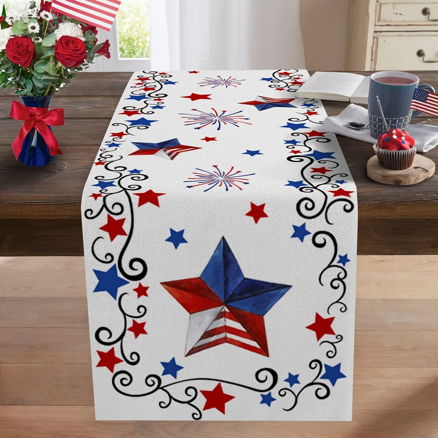 American Independence Day & Memorial Day Decor, Red, White & Blue Fireworks Design on Linen ...