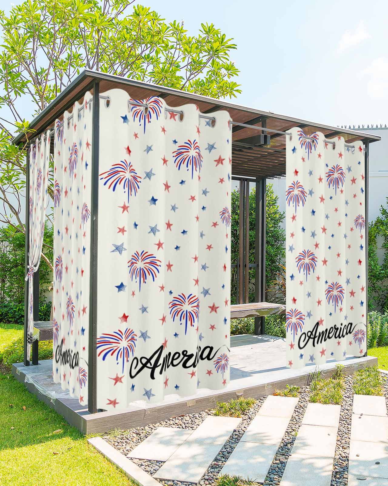 American Independence Day Outdoor Curtains for Patio, Retro Fireworks ...