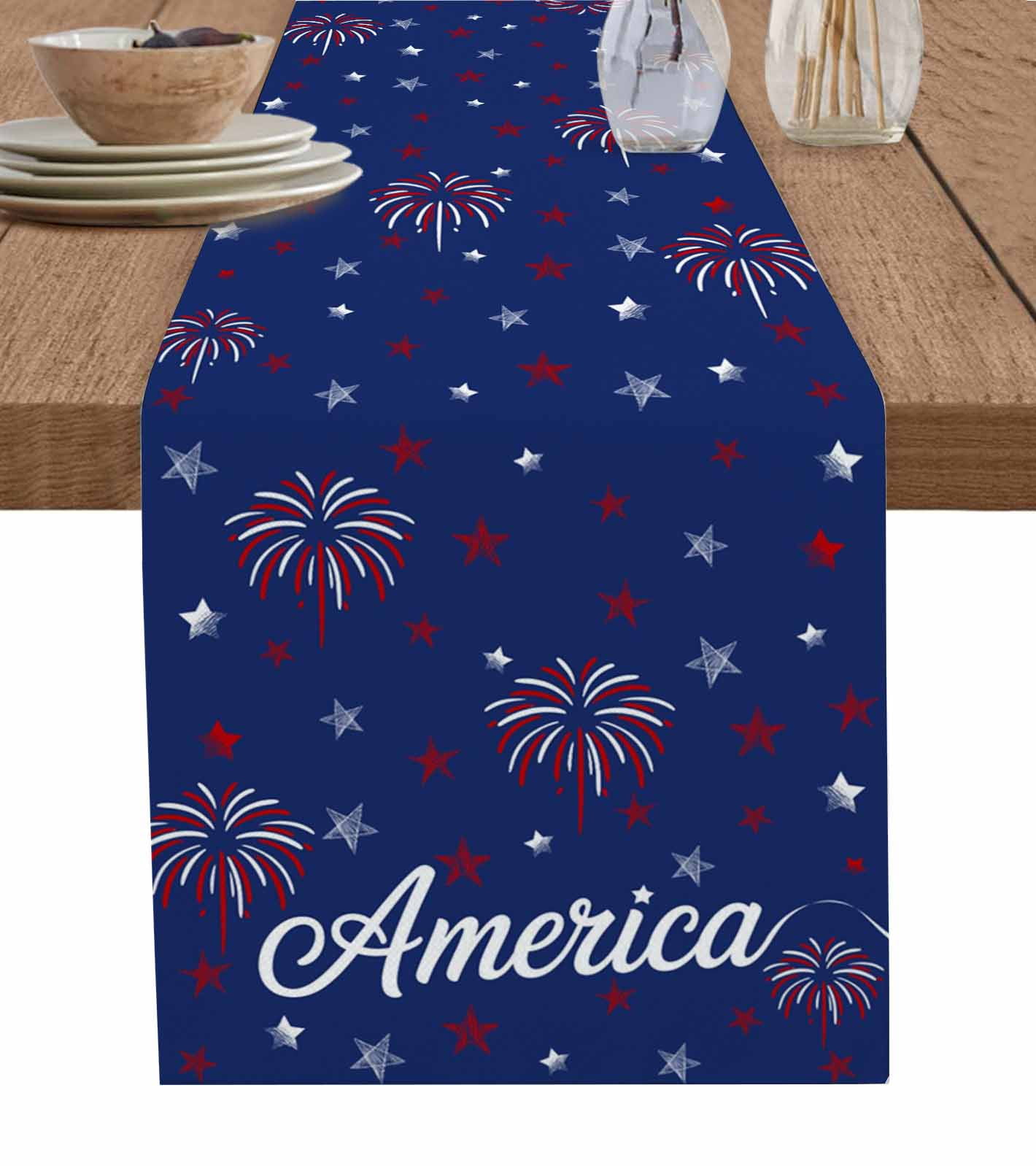 American Independence Day Table Runner 70 Inches, Red Blue Fireworks ...