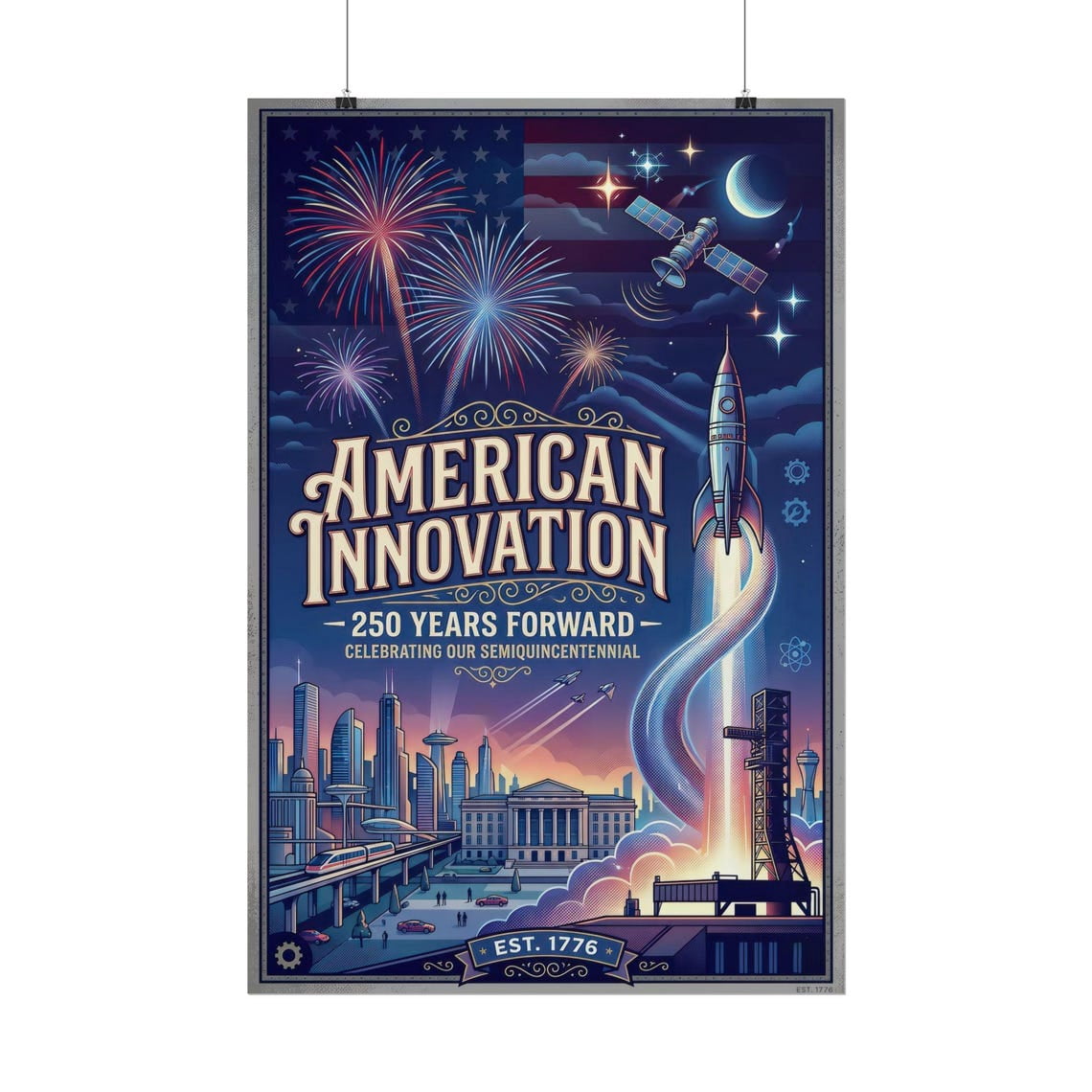 American Innovation Retro Rocket Skyline 1776 Anniversary Art Unframed ...