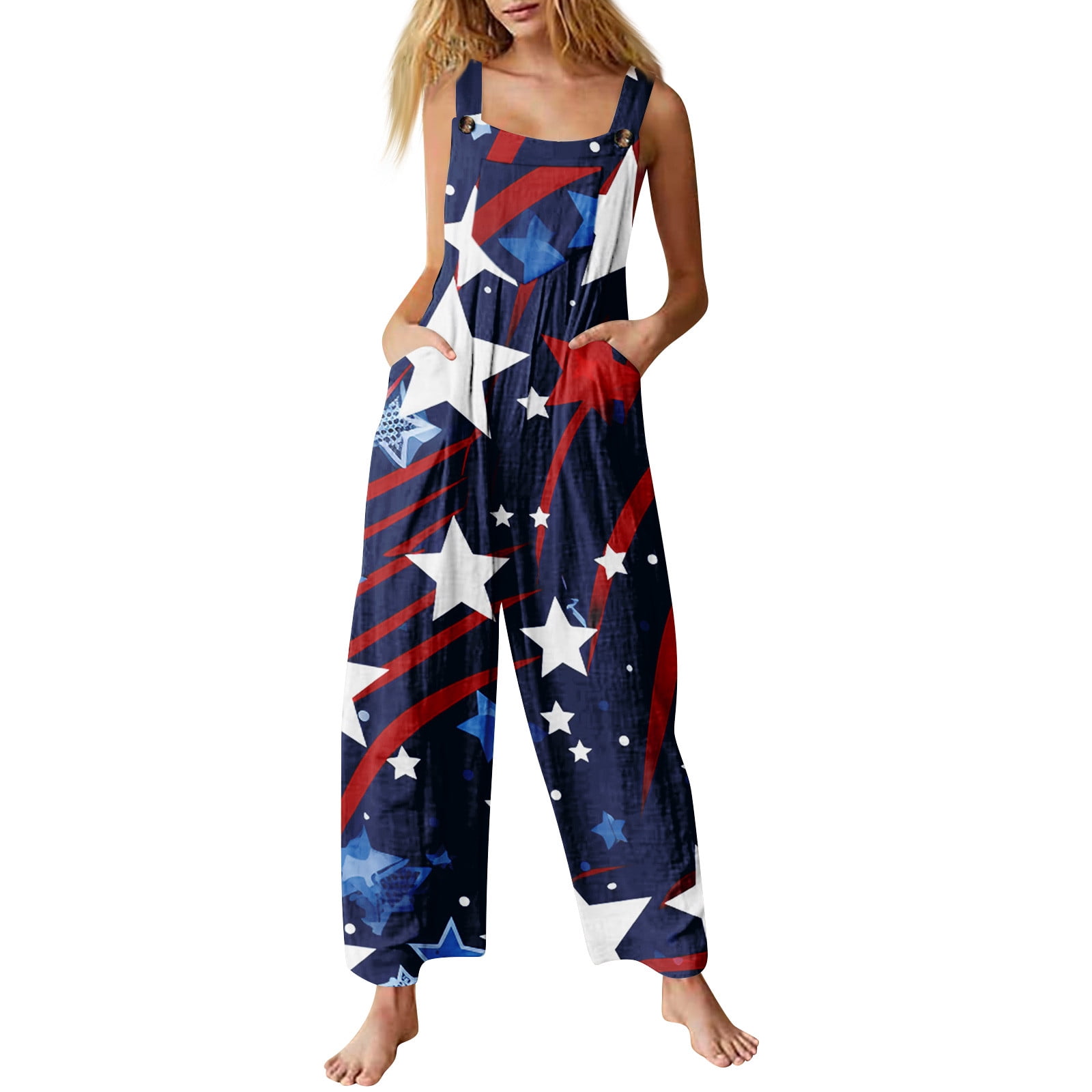 American Jumpsuitss Women Patriotic Graphic Stripe with Pockets ...