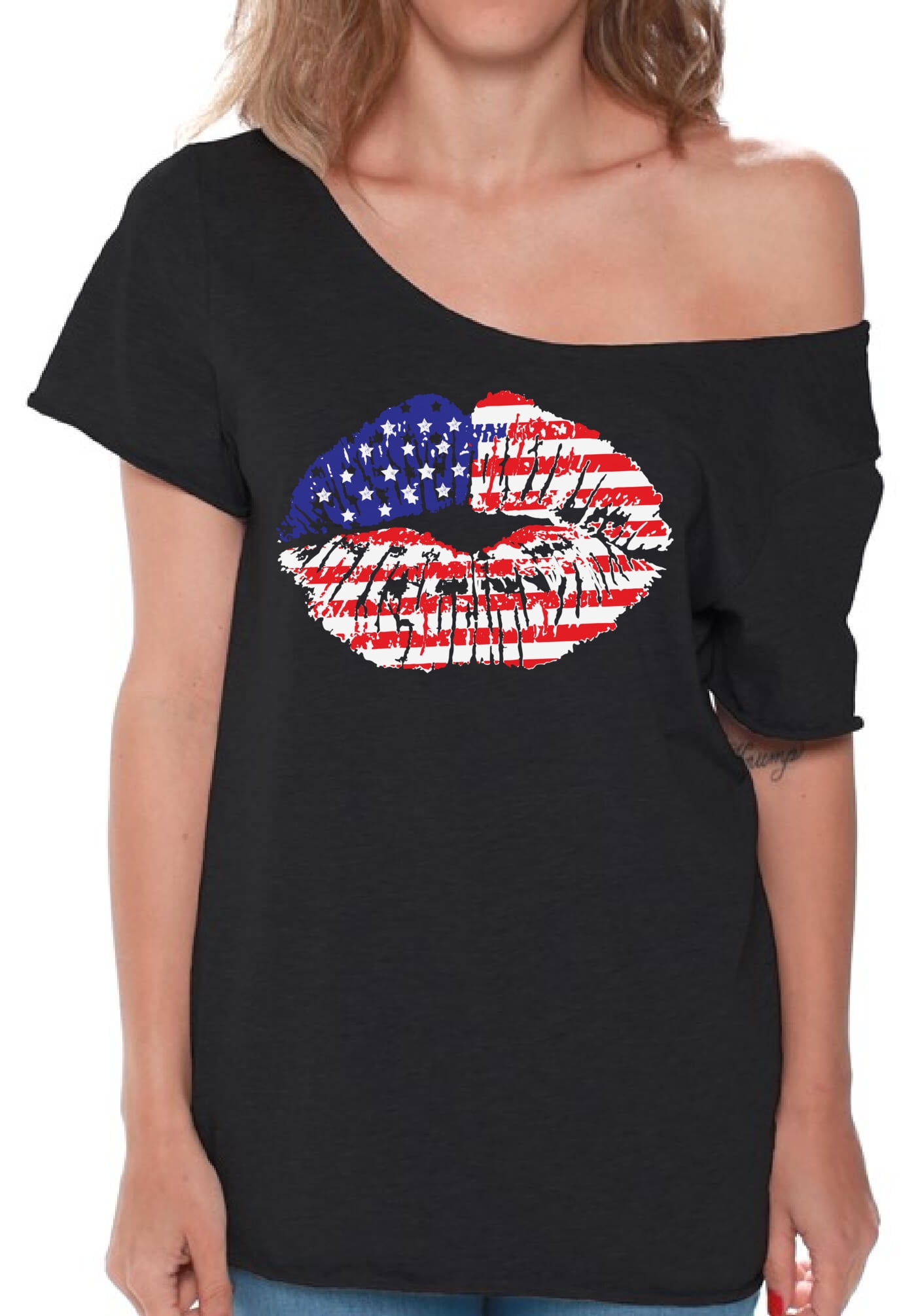 American Lips Graphic Off Shoulder Shirt - 4th of July Off The Shoulder ...