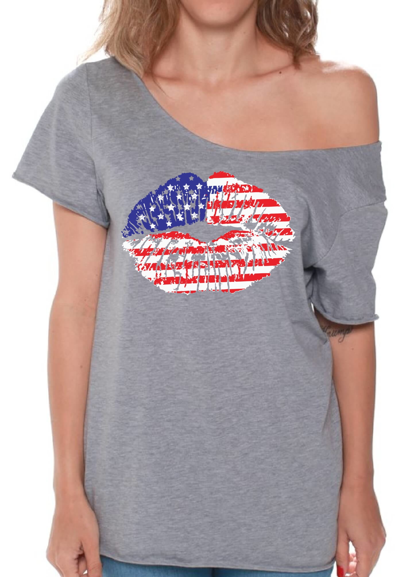 American Lips Graphic Off Shoulder Shirt - 4th of July Off The Shoulder ...