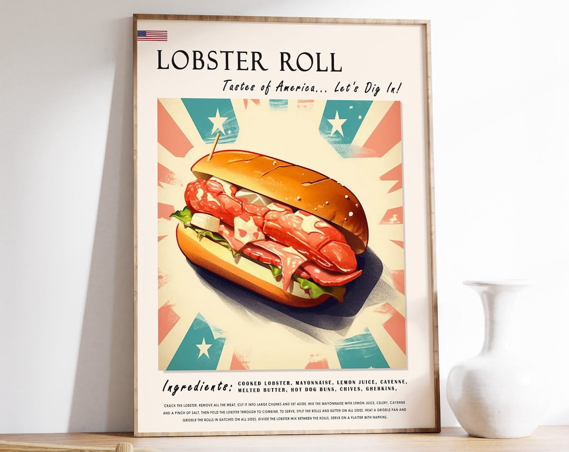 American Lobster Roll Poster, Seafood Print, Lobster Art, American Food ...