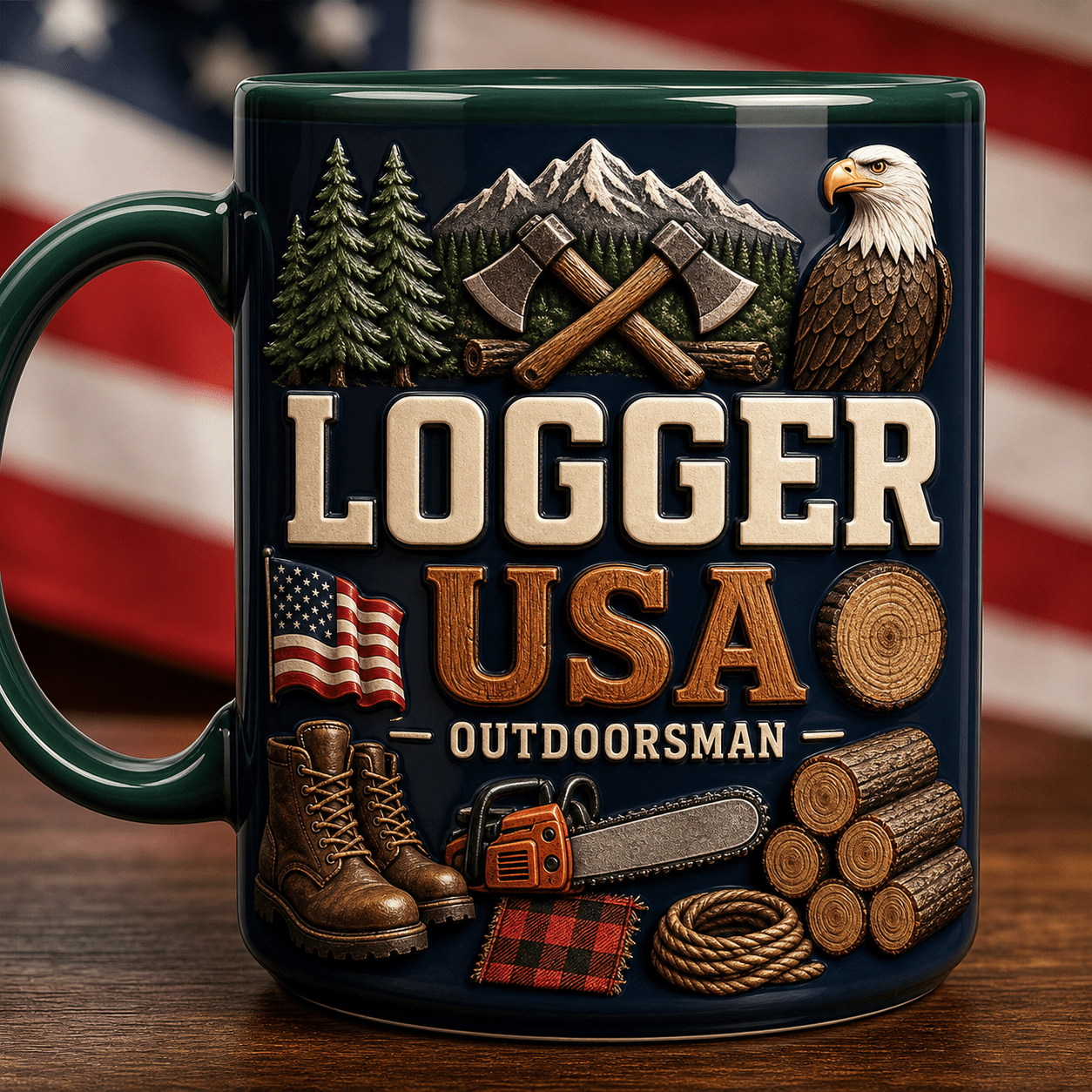 American Logger 3D Effect Mug, Outdoorsman USA Coffee Cup for ...