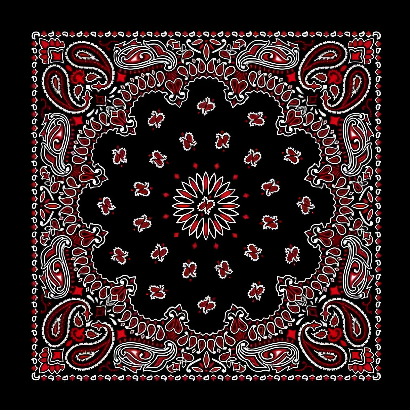 American Made Red and White on Black Western Paisley Bandana 22x22 ...