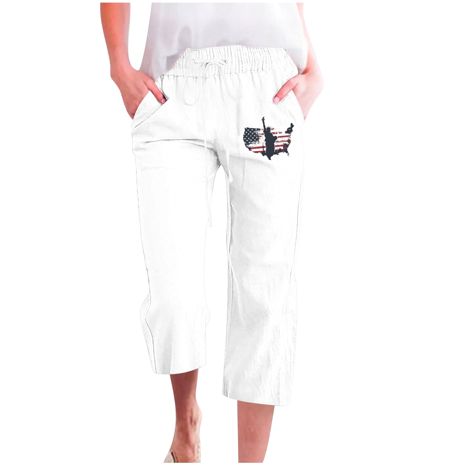 American Map Printing Capri Pants Women's Patriotic Graphic Linen Harem ...