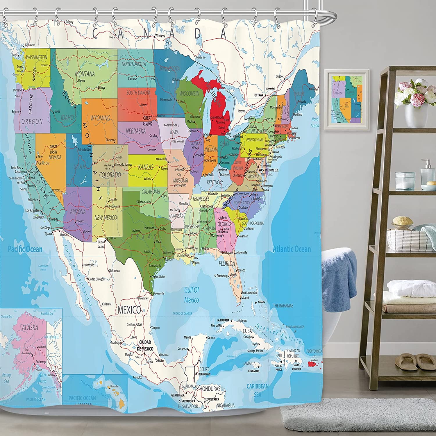 American Map Shower Curtain Educational Geography USA Cities White ...