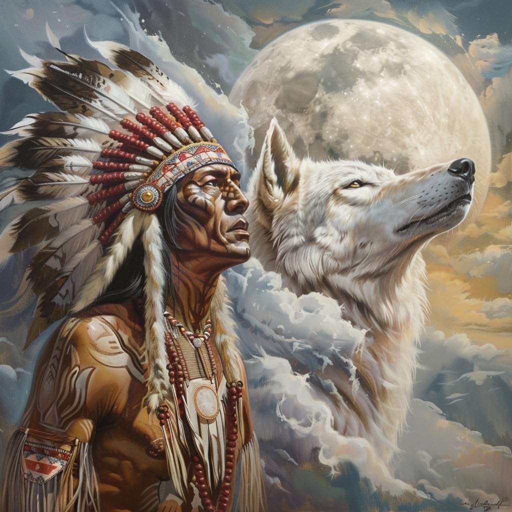 American Native Indian Chief Wolf Moon 5D Diamond Art Painting By ...