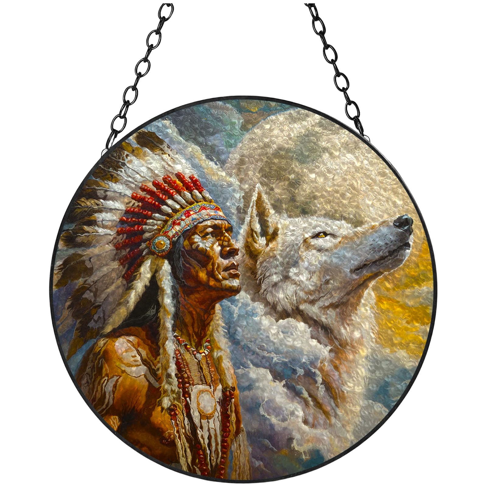 American Native Indian Chief Wolf Moon Stained Glass Suncatcher ...