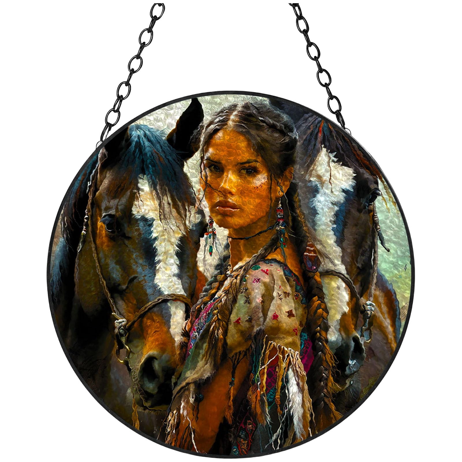 American Native Indian Woman and Horses Stained Glass Suncatcher ...