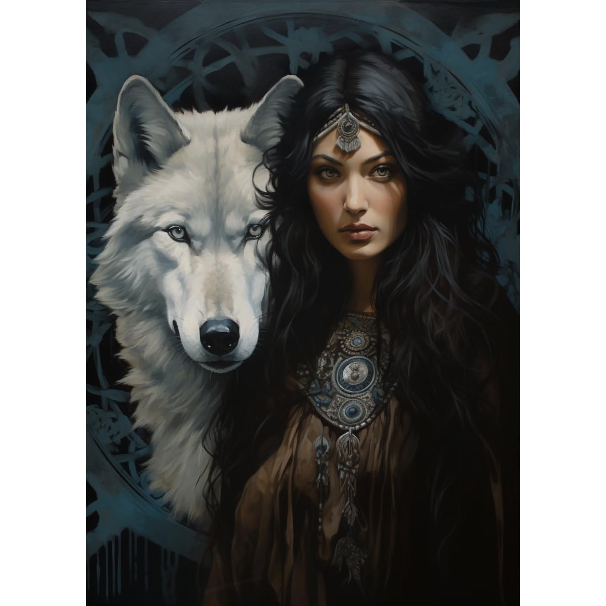 American Native Indian Woman and White Wolf 5D Diamond Art DIY Paint ...