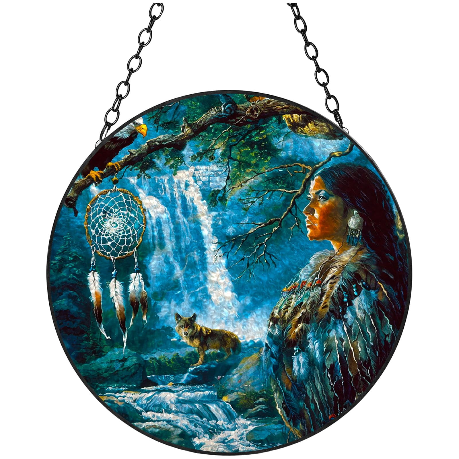 American Native Indian Woman Wolf Eagle Stained Glass Suncatcher ...