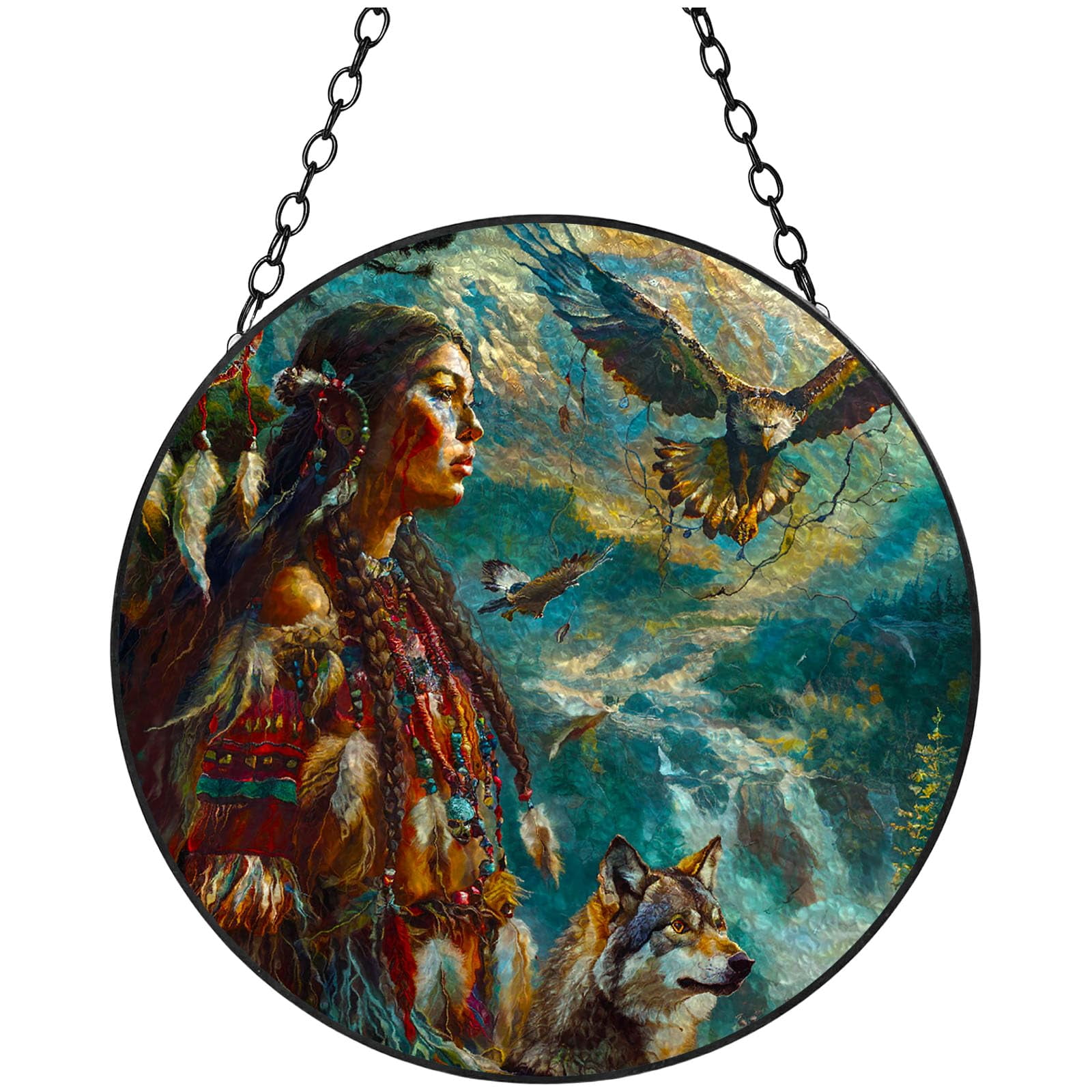 American Native Indian Woman Wolf Eagle Stained Glass Suncatcher ...
