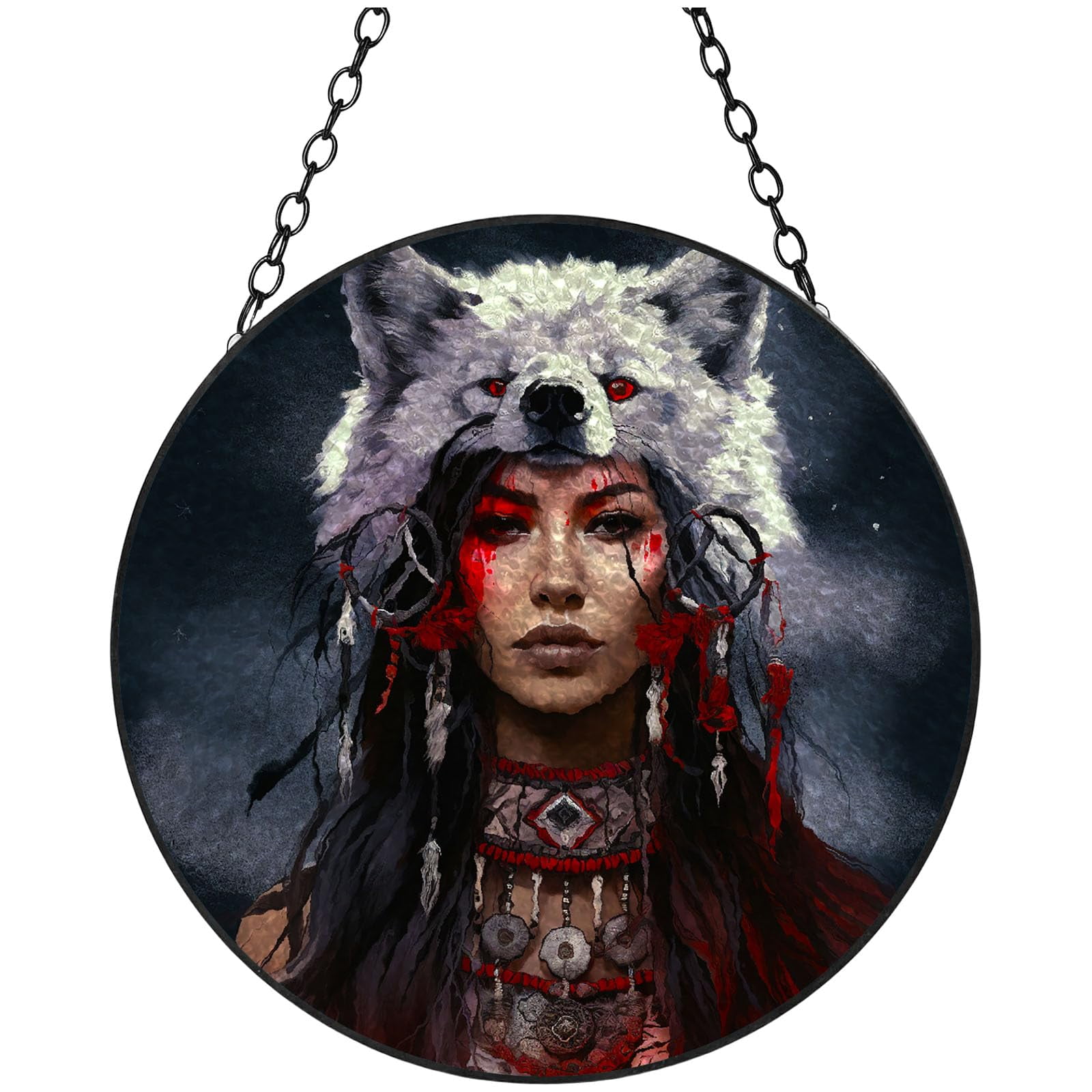 American Native Indian Woman Wolf Head Stained Glass Suncatcher ...