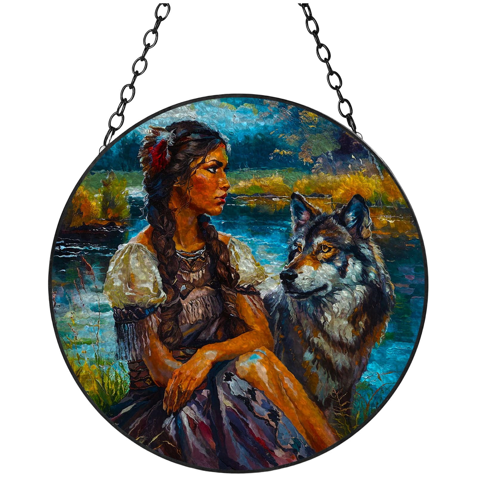 American Native Indian Woman and Wolf Stained Glass Suncatcher Handmade ...