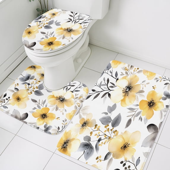 American Pastoral Bathroom Rugs Set Yellow Flowers Gray Leaf Non Slip ...