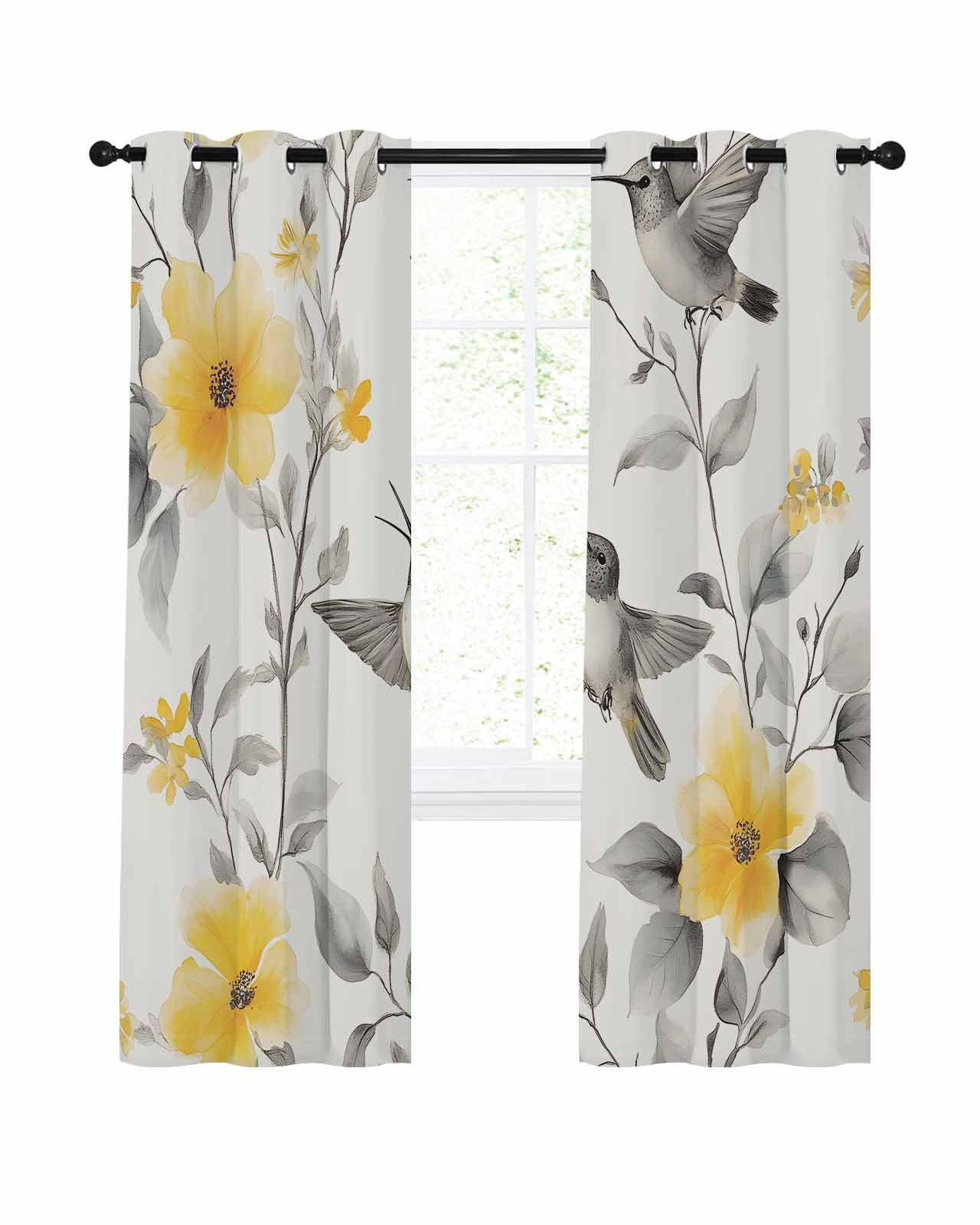 American Pastoral Blackout Curtains 84 Inch Length Flowers Gray Bird ...