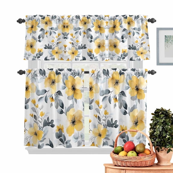 American Pastoral Kitchen Curtains Valances 3 Piece Set, Gray Leaf ...