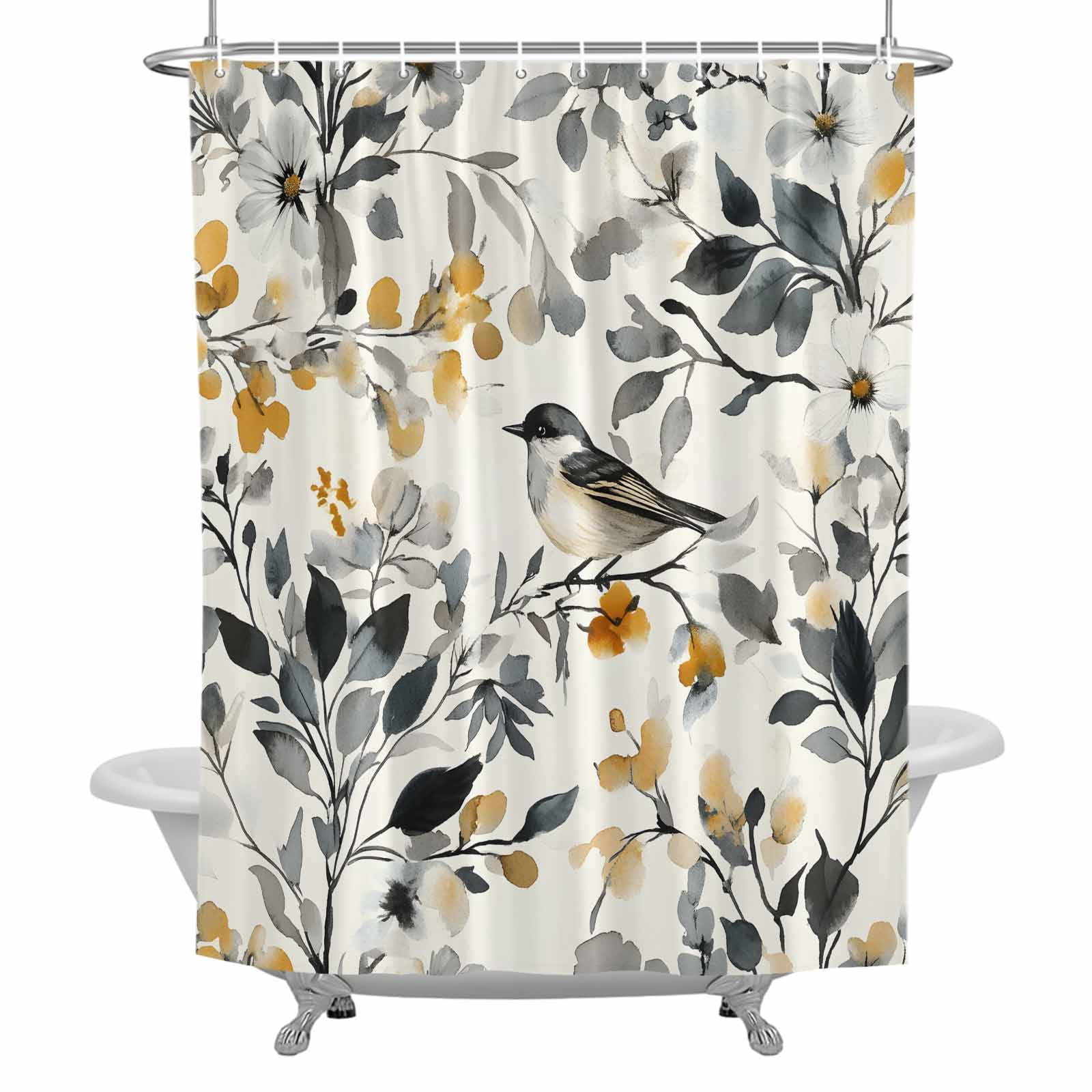 American Pastoral Shower Curtain for Bathroom, Flowers Bird Gray Leaf ...