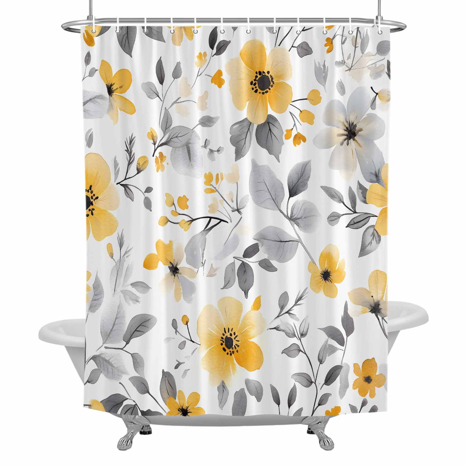 American Pastoral Shower Curtain for Bathroom, Yellow Flowers Leaves ...