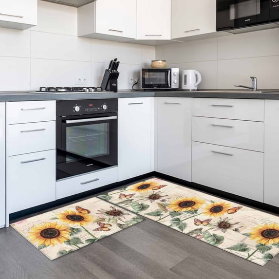 American Pastoral Style 2 Pieces Non-Slip Kitchen Mat Set, Sunflower ...