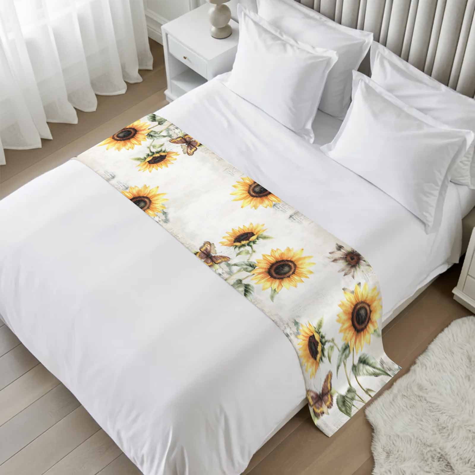 American Pastoral Style Bed Runner Scarf, Sunflower Butterfly Plant ...