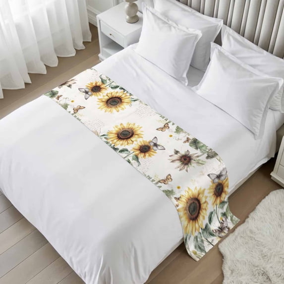 American Pastoral Style Bed Runner Scarf, Yellow Sunflower Butterfly ...