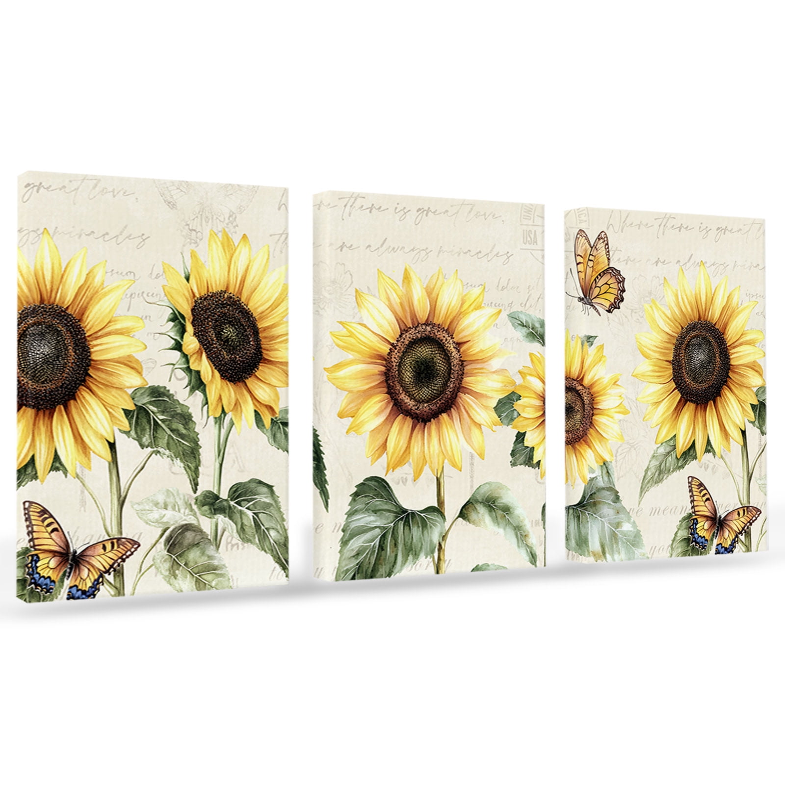 American Pastoral Style Canvas Wall Art 3 Panels, Sunflower Plant Farm ...