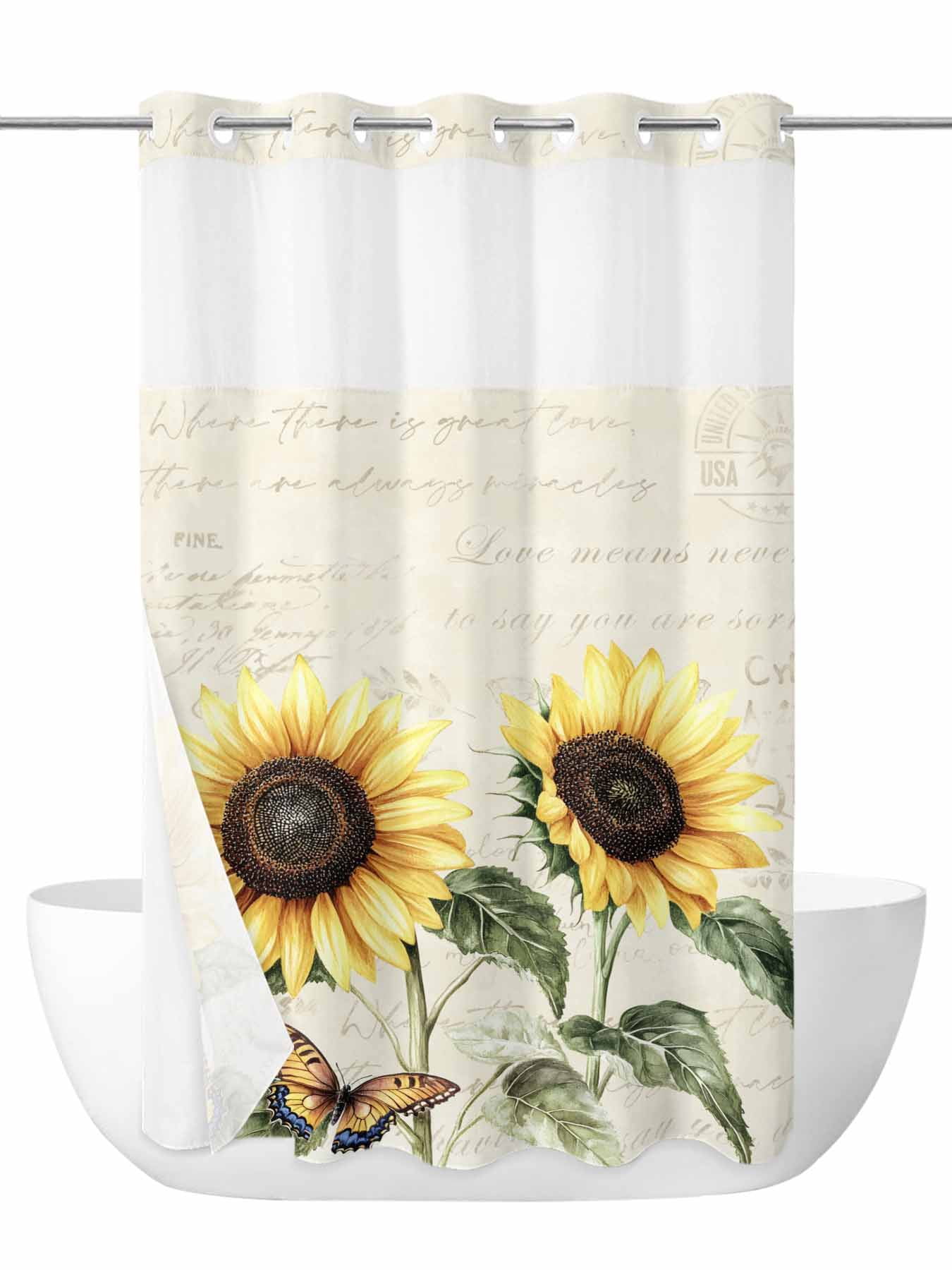 American Pastoral Style No Hook Shower Curtain and Liner Set Sunflower ...
