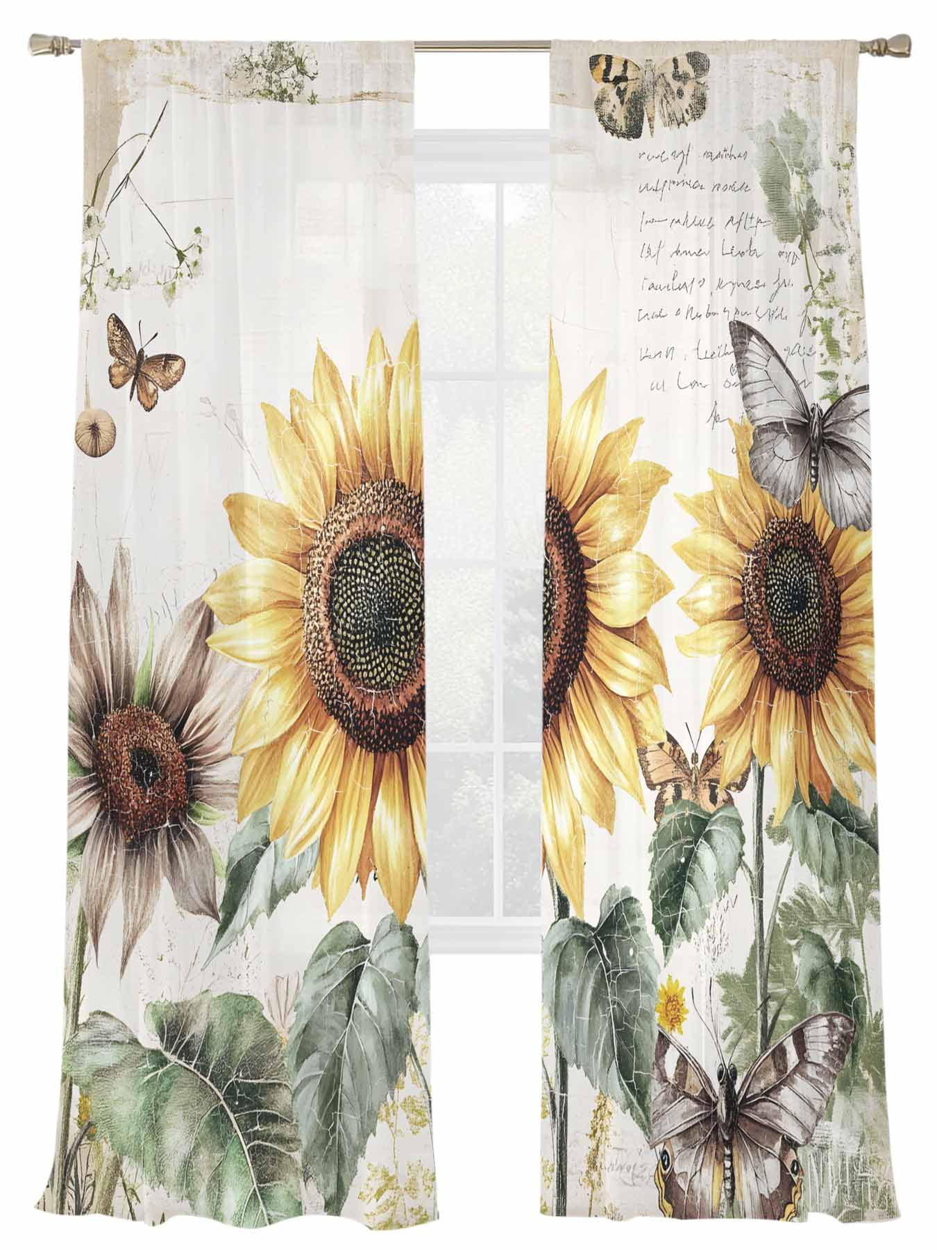 American Pastoral Style Sheer Curtains 2 Panels Set Yellow Sunflower ...