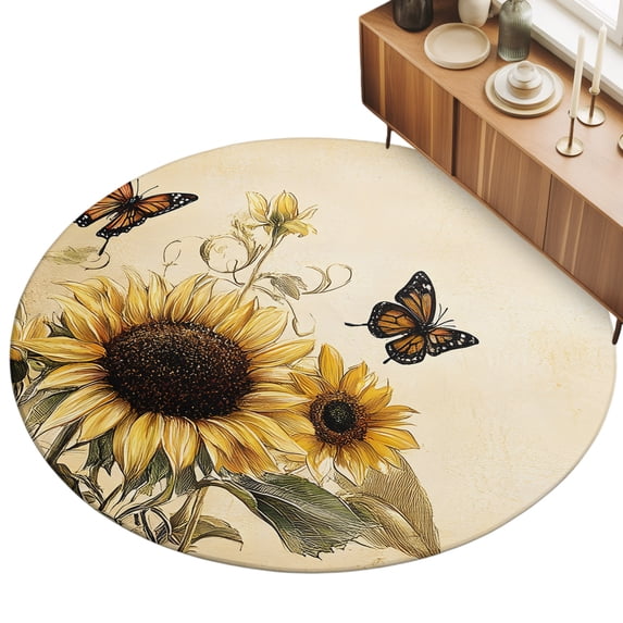 American Pastoral Sunflower Area Rugs 4' (Round) Butterfly Retro Flower ...