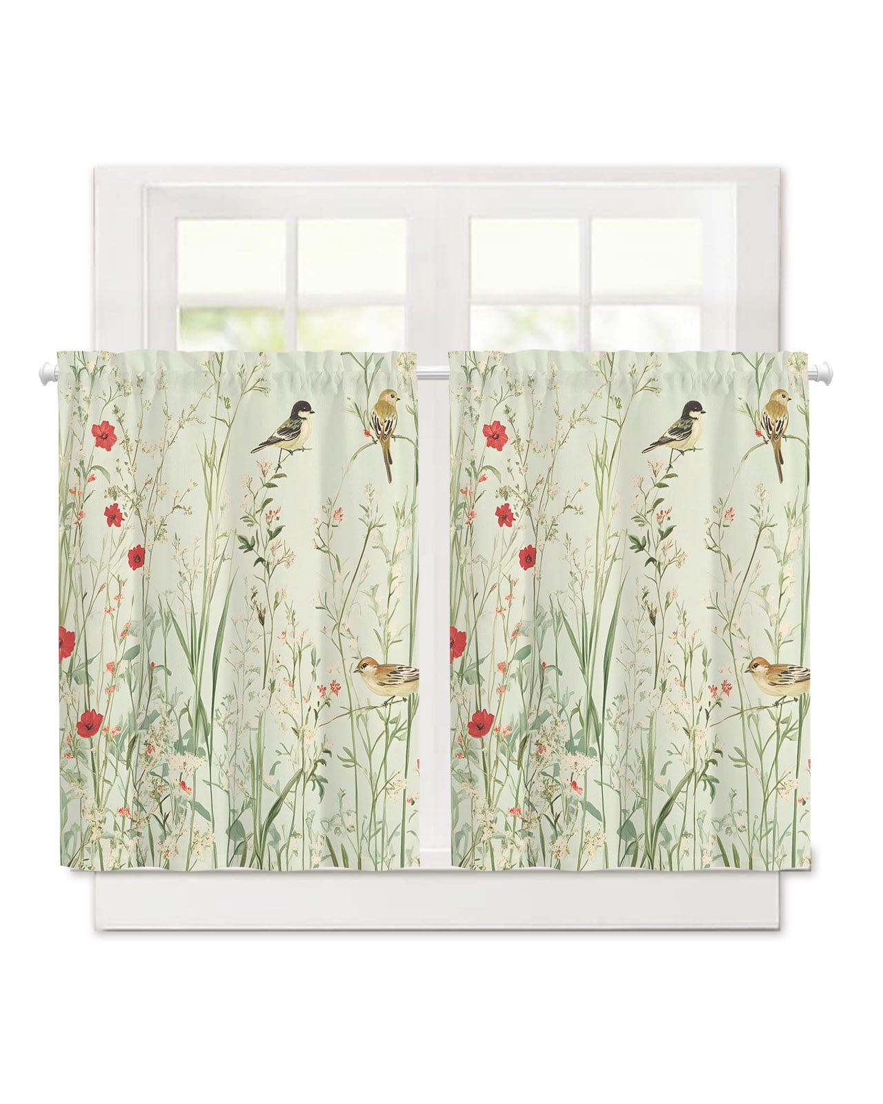 American Pastoral Watercolor Spring Flower Bird Short Blackout Curtains ...