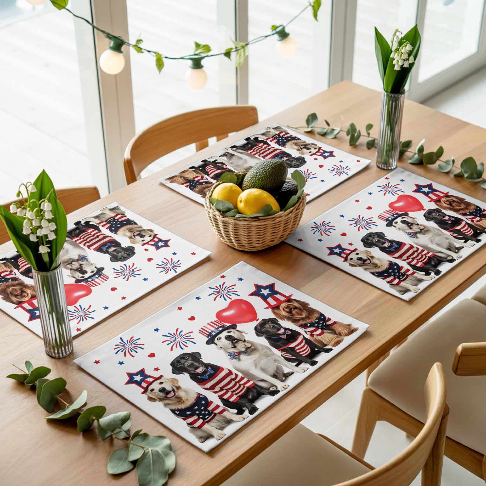 American Patriotic Dog Placemats Set of 4,Wipeable Washable Table Mats ...