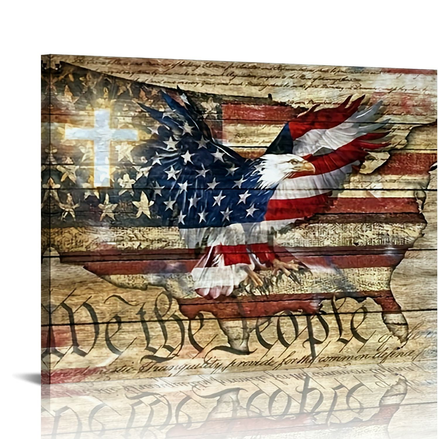 American Patriotic Eagle Wall Art, Wooden Framed Canvas Print with US ...