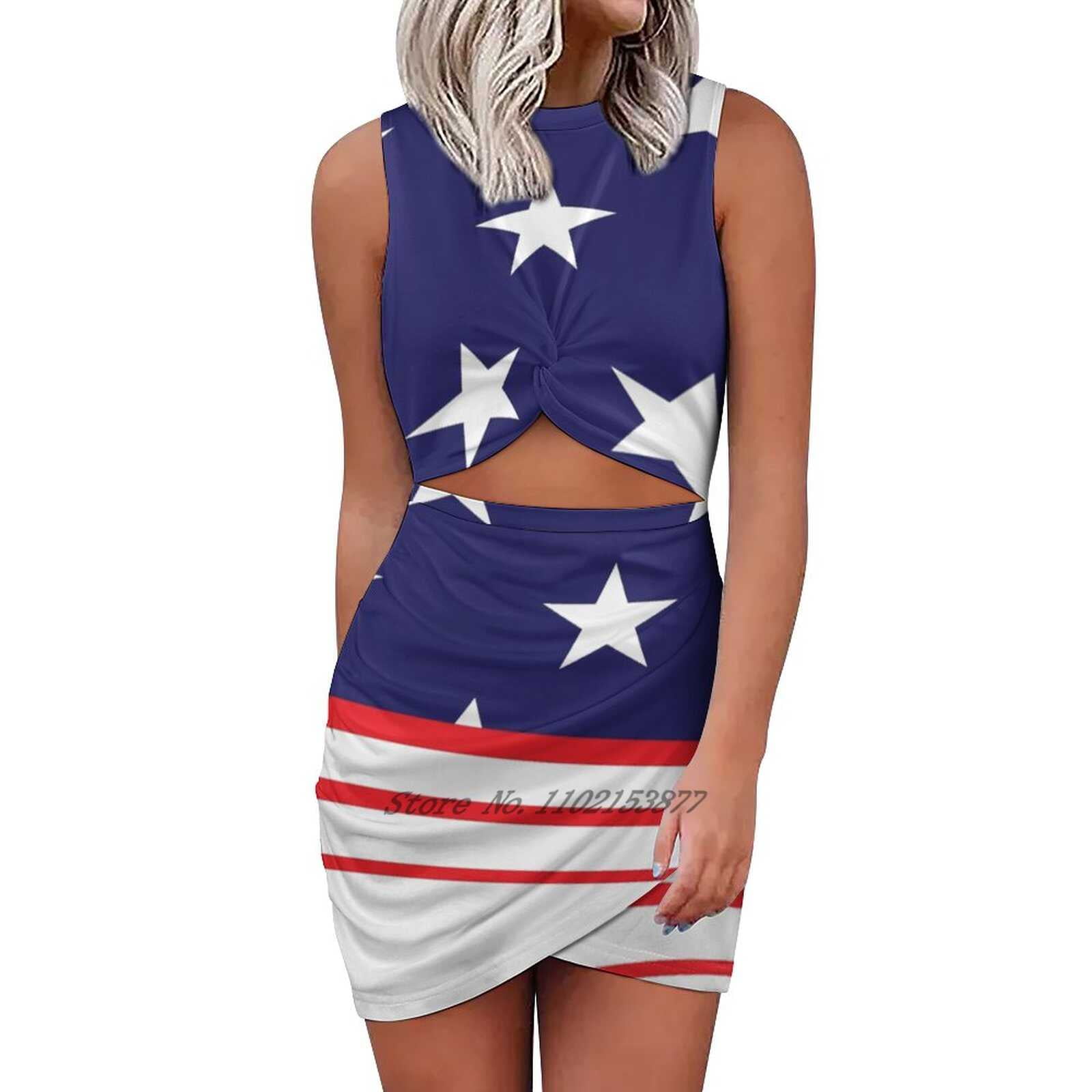 American Pattern Loose Pocket Dress Summer Sexy V Neck Dress Print ...