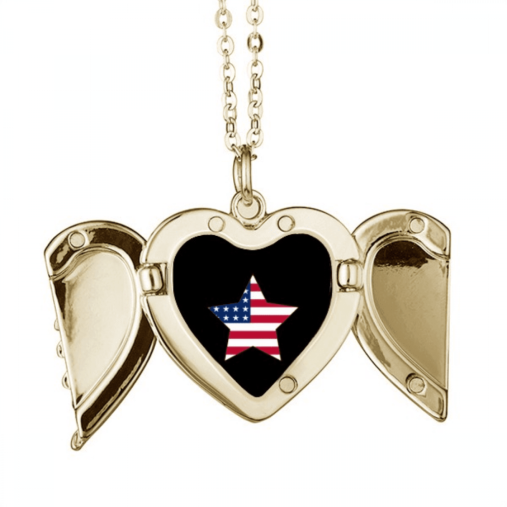 American Pentagram Flag Star Folded Wings Peach Heart Pendant Necklace ...