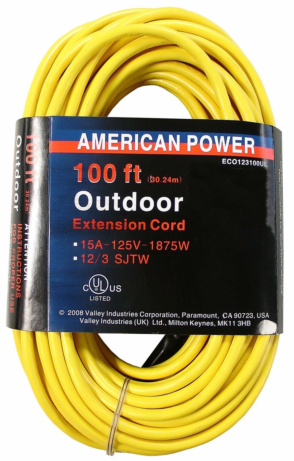 American Power 100' Grounded Extension Cord, UL Listed 15A Rated 12 ...