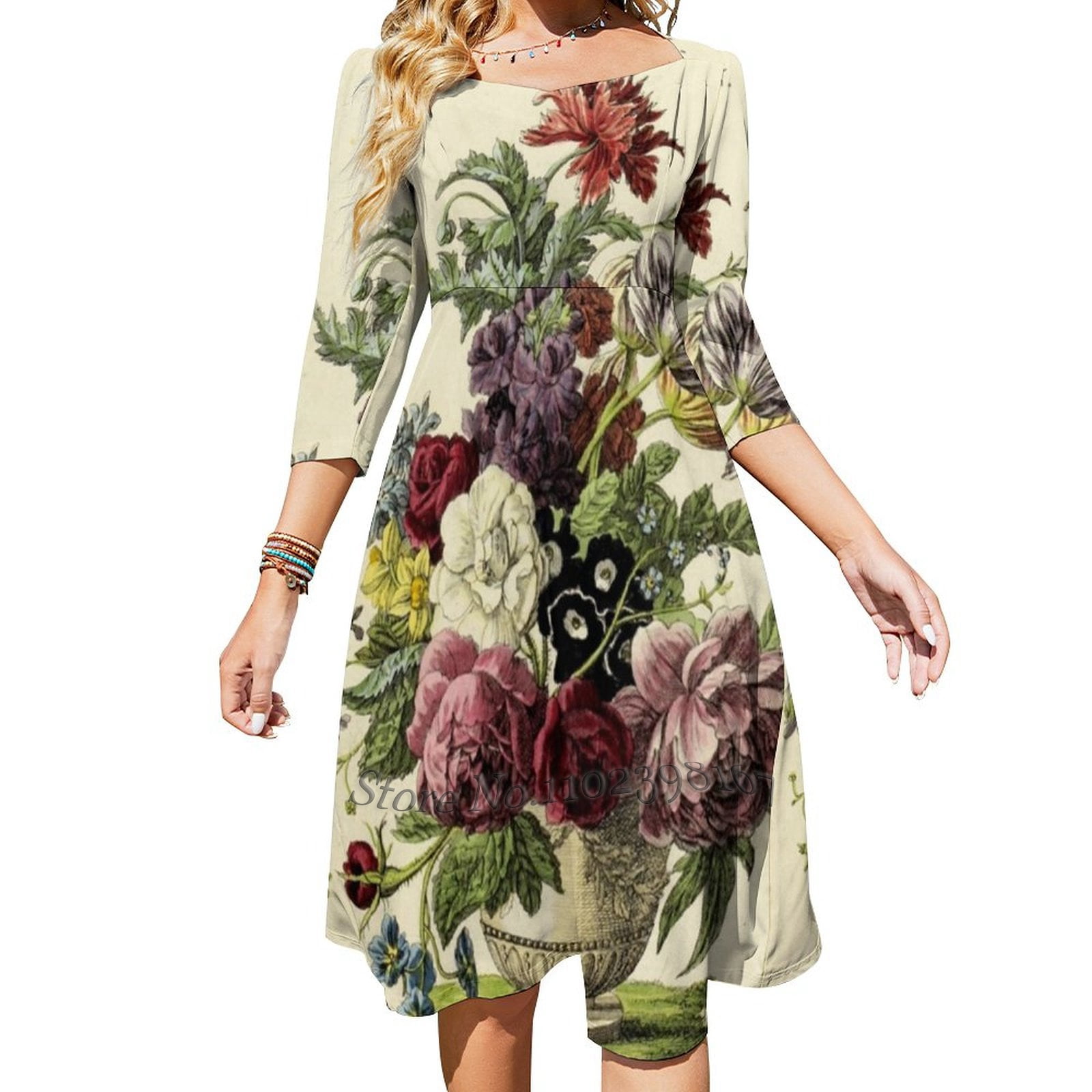 American Prairie Pattern Square Neck Dress Cute Loose Print Dresses ...