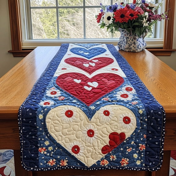 American Pride Heart Quilted Table Runner, USA 250th Year Freedom ...