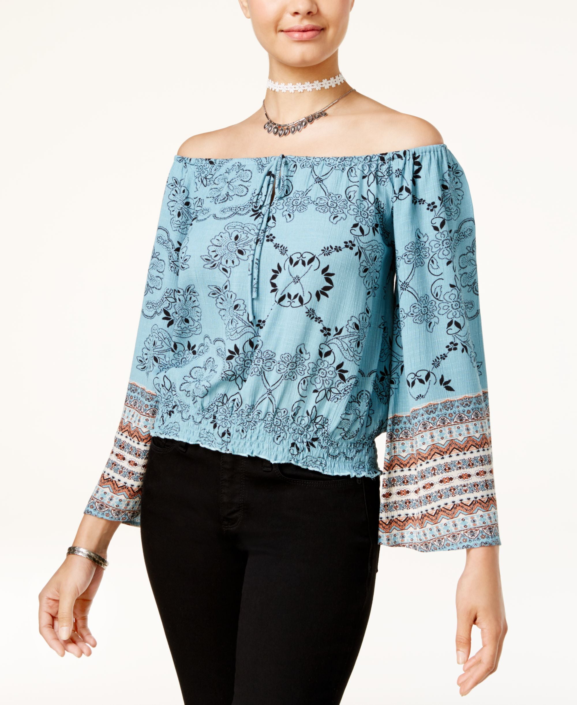 American Rag Juniors Off The Shoulder Bell Sleeve Peasant Top Turquoise ...